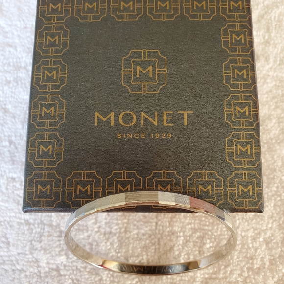 Monet Jewelry Vintage Monet Etched Silver Tone Bangle Bracelet